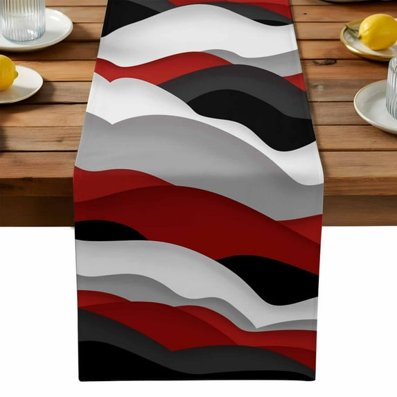 Black Red Grey Gradient Waves Table Runner, Abstract Lines Cotton Linen ...