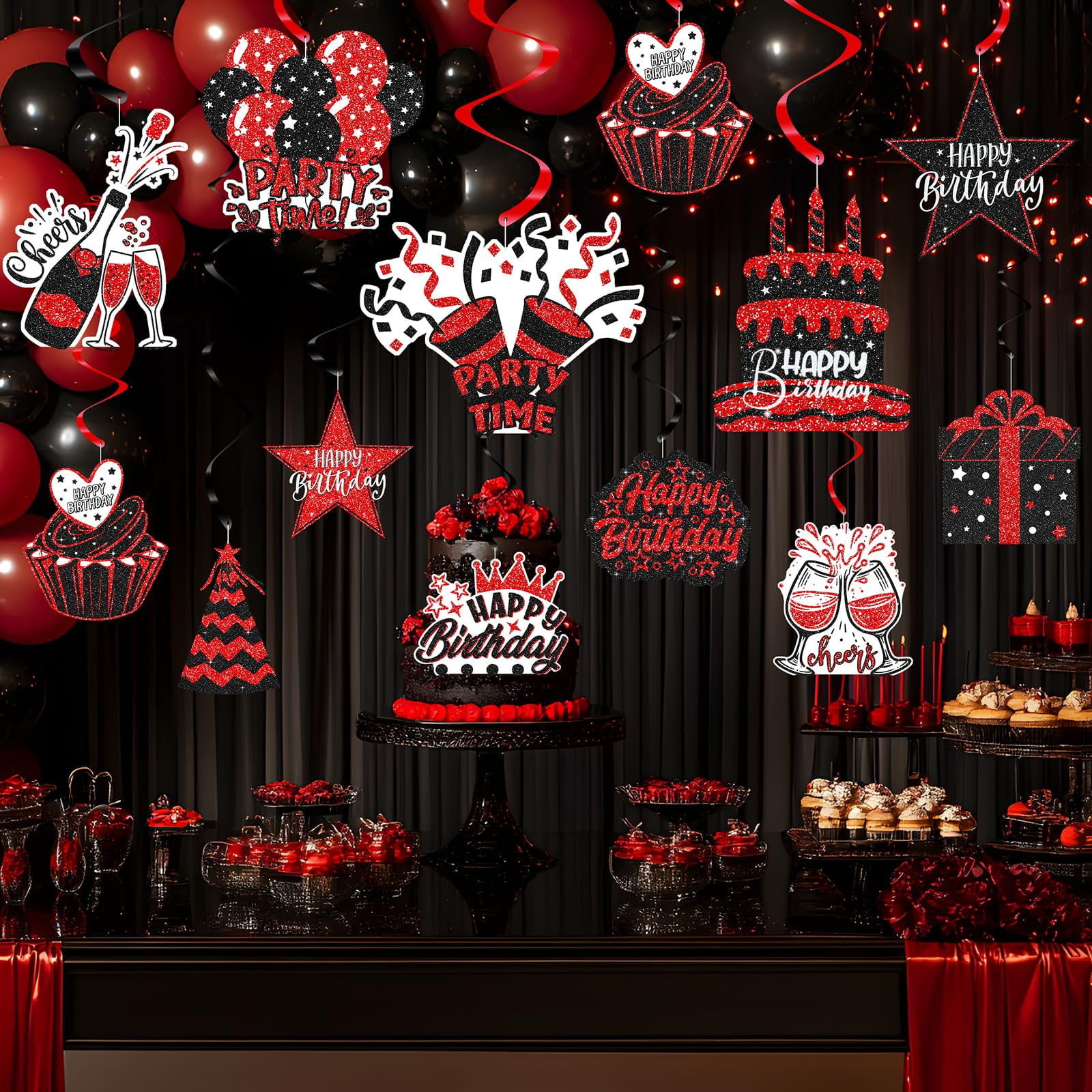 Black and Red Happy Birthday Hanging KKS1 Swirl Decorations - 48PCS ...