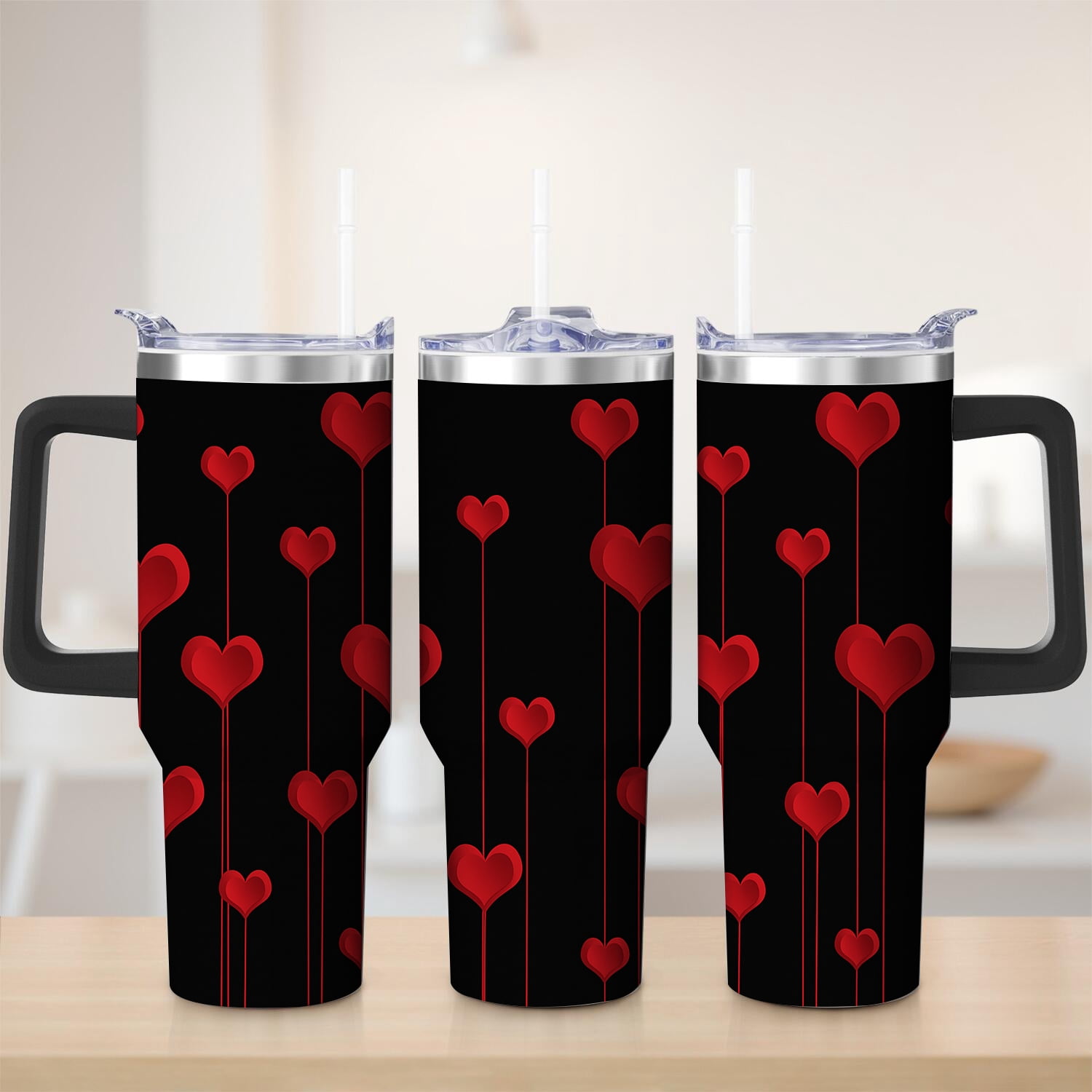 Black Red Heart Pattern Stainless Steel Tumbler, 40oz - Walmart.com