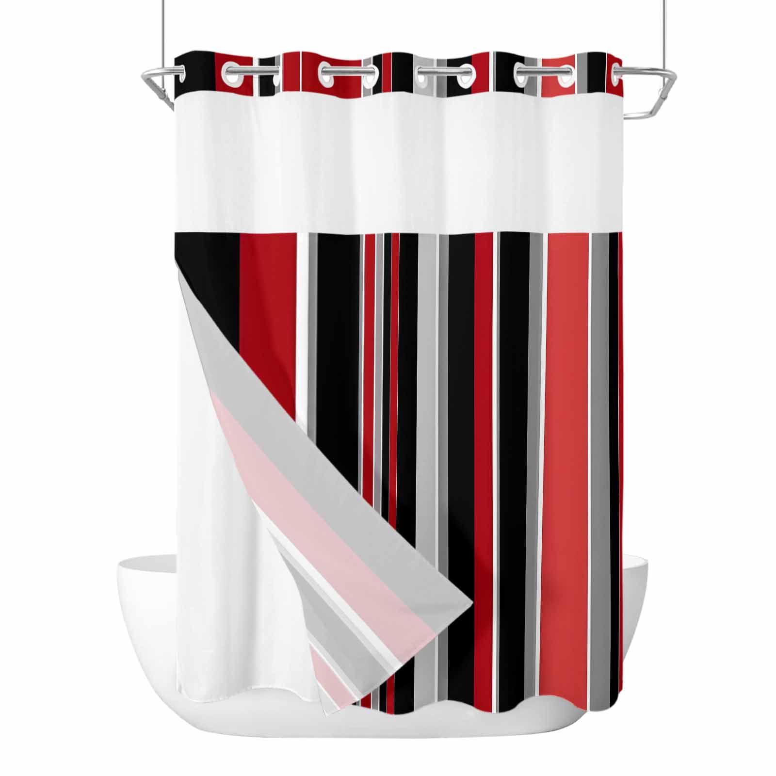 Black Red No Hook Shower Curtain and Snap in Liner Set, Grey Stripe ...