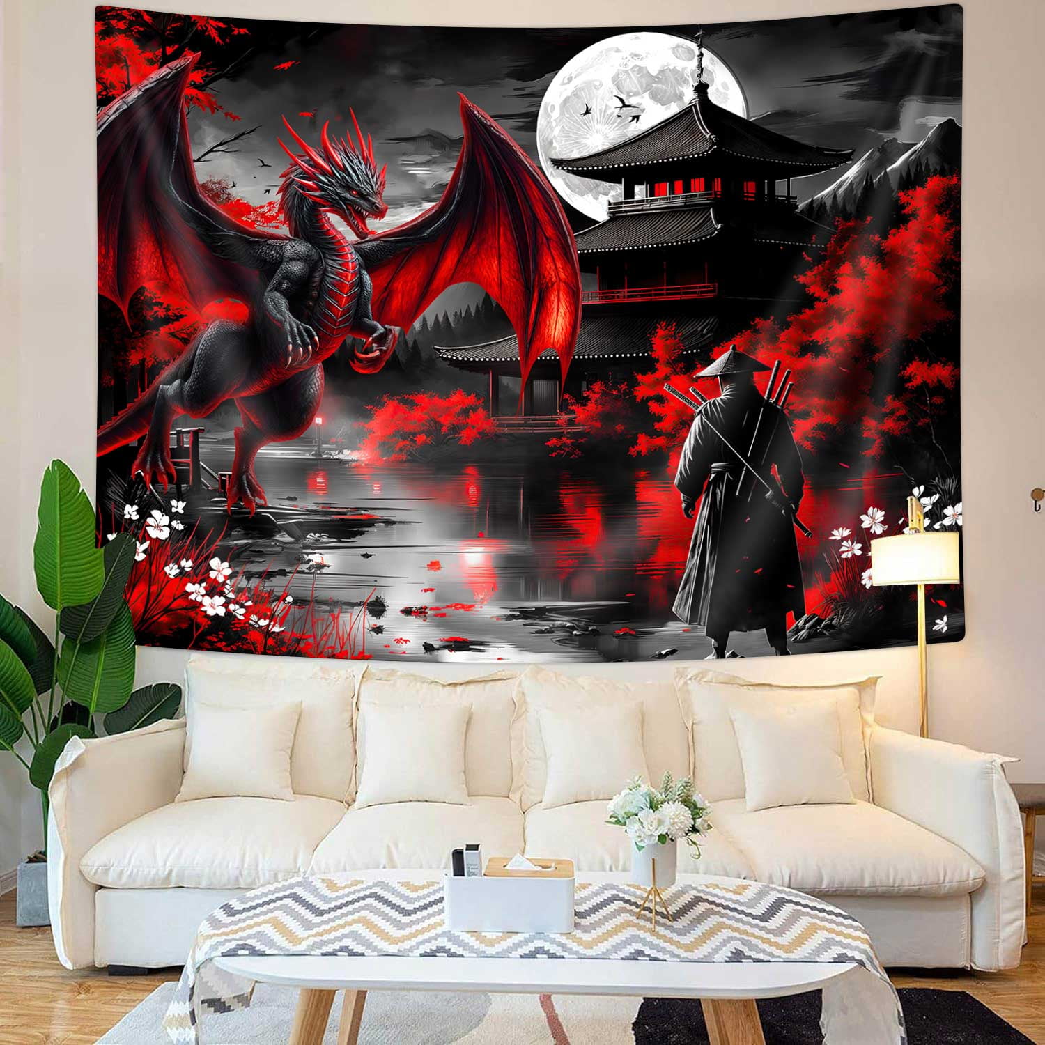 Black Red Japanese Anime Samurai Tapestry, Cool Medieval Fantasy Dragon ...