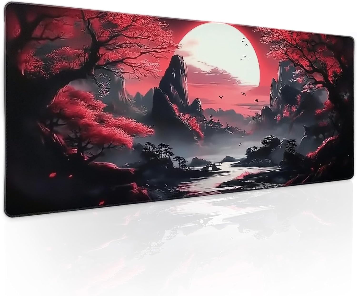 Black Red Japanese Gaming Mouse Pad XL Moon Sakura Cherry Blossom ...