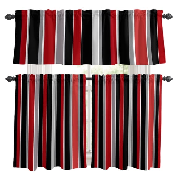Black Red Kitchen Curtains Valance and Tier Set Grey Stripe Abstract ...
