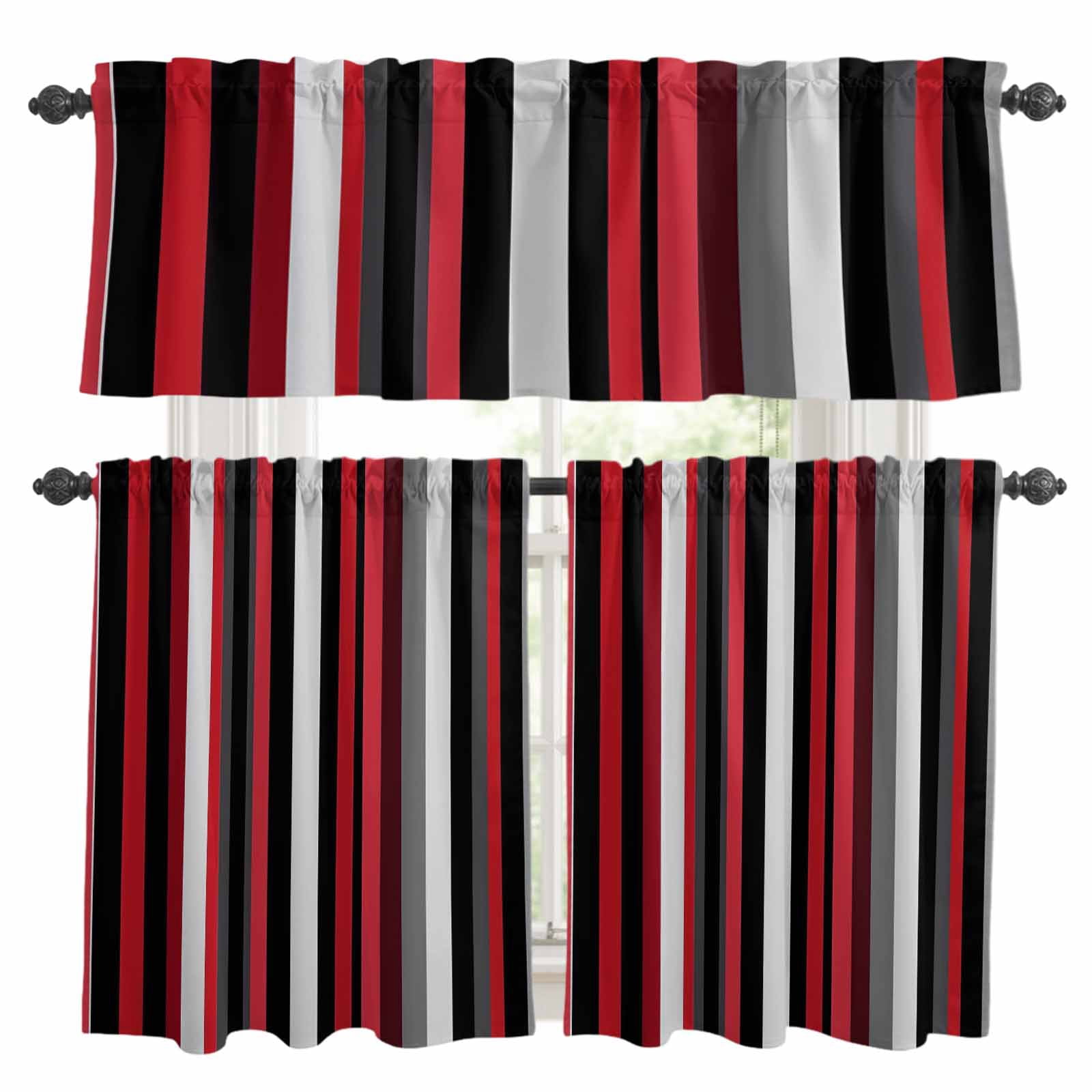 Black Red Kitchen Curtains and Valances Set, Grey Stripe Abstract ...