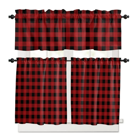 Black Red Kitchen Curtains Valances and Tiers Set of 3, 24 Inch Length ...