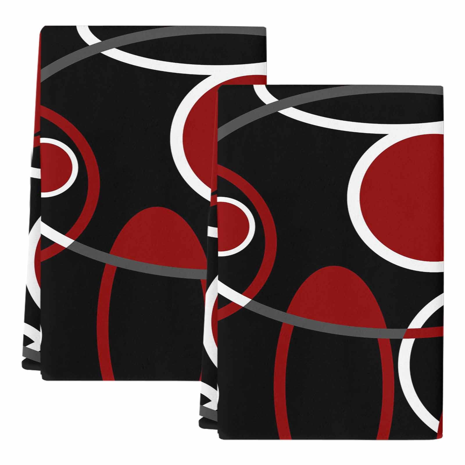 Black Red Kitchen Towels Set of 2, White Circle Geometric Abstract ...