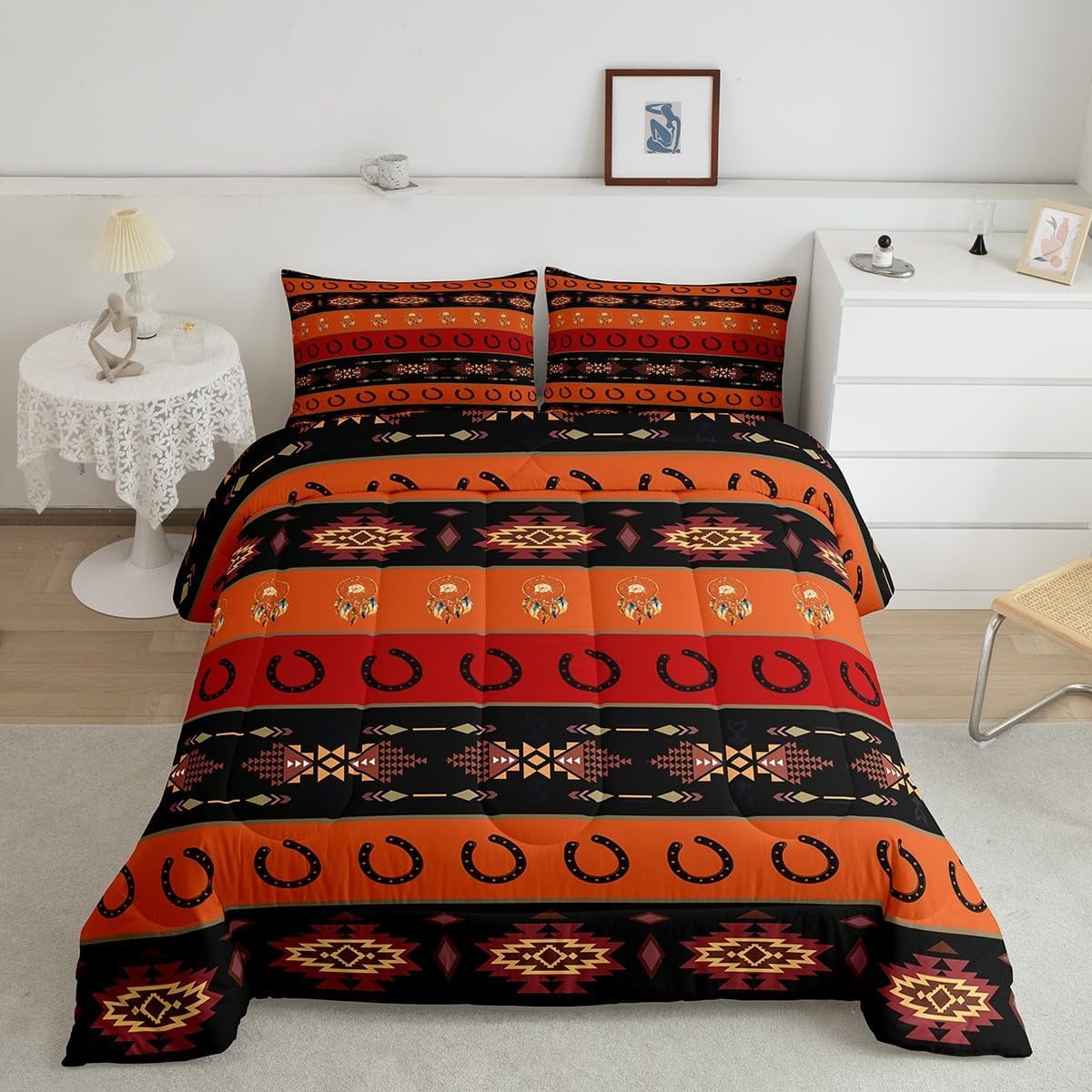 Black Red Orange Aztec Comforter Set Southwestern Geometric Bedding Set ...