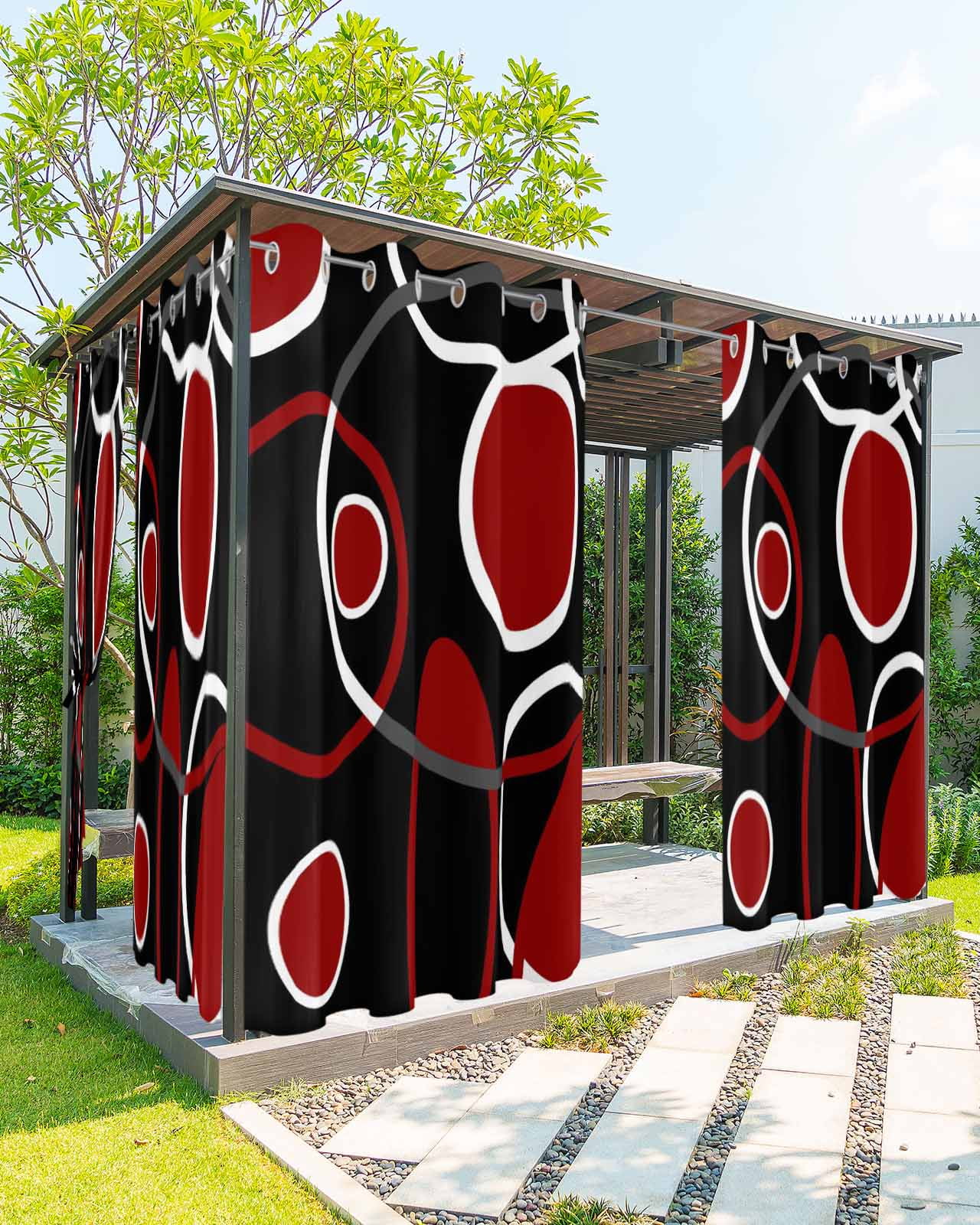 Black Red Outdoor Curtains for Patio, White Circle Geometric Abstract ...