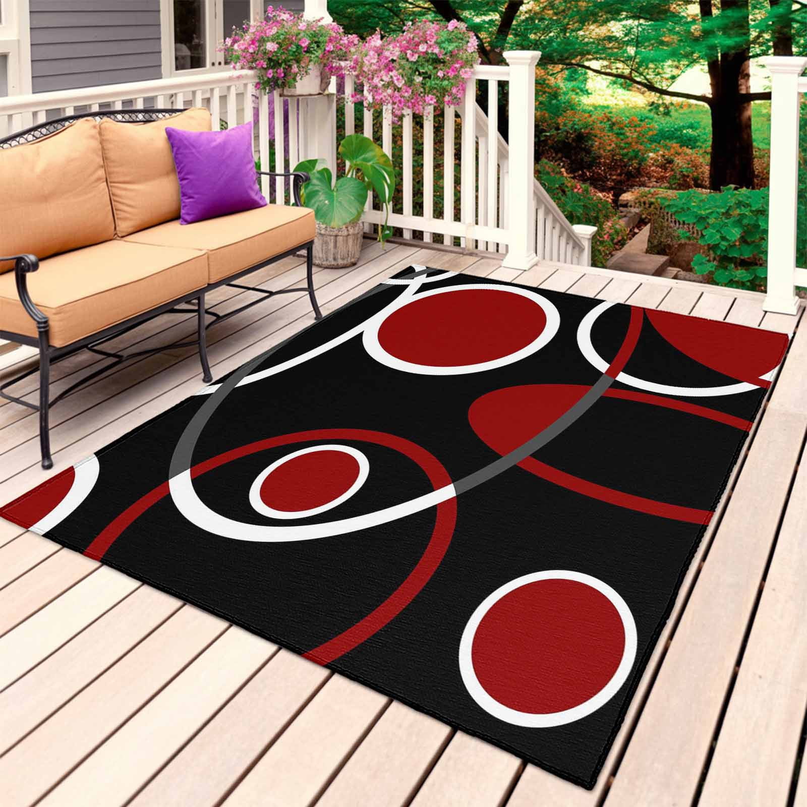 Black Red Outdoor Rug 5x8 Ft, Non Slip Washable Area Rug, White Circle ...