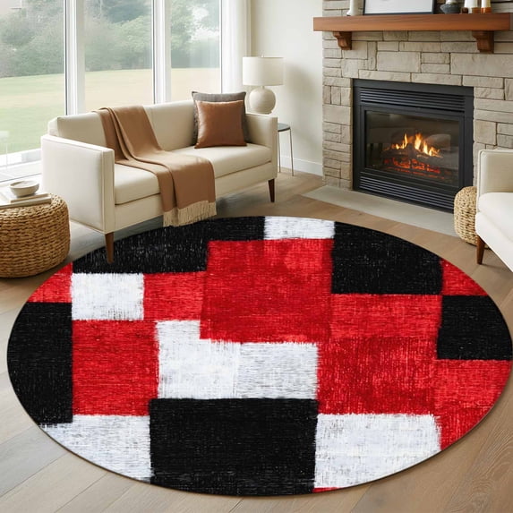 Black Red Patchwork 5FT Round Area Rugs for Living Room Modern Abstract ...