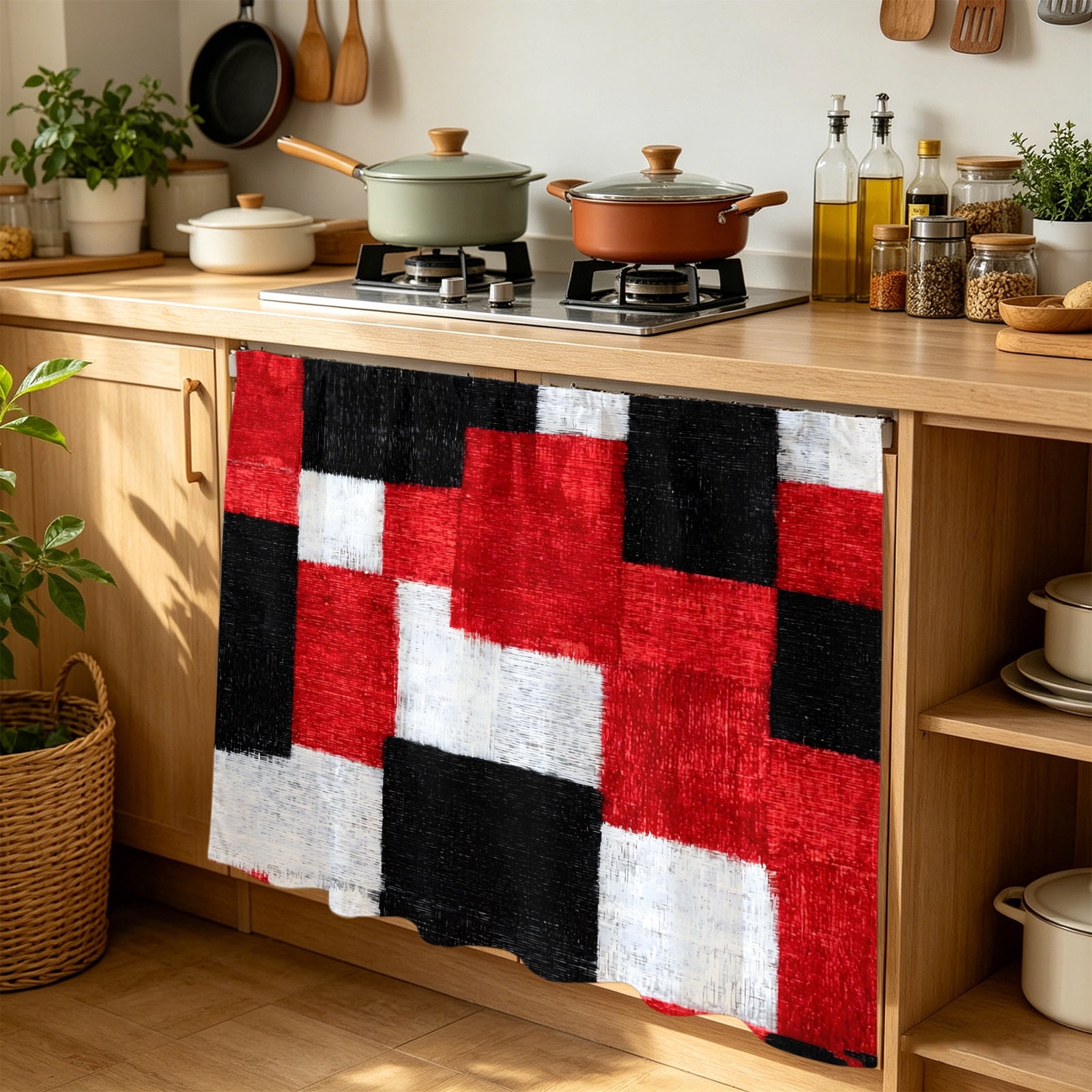 Black Red Patchwork Cabinet Curtains 35" W x 35" L, Modern Abstract Red ...