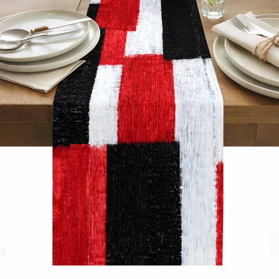 Black Red Patchwork Cotton Linen Table Runner Modern Abstract Red Black ...