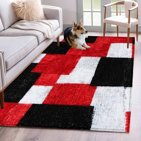 Black Red Patchwork Washable Area Rug 3x5 Modern Abstract Red Black ...