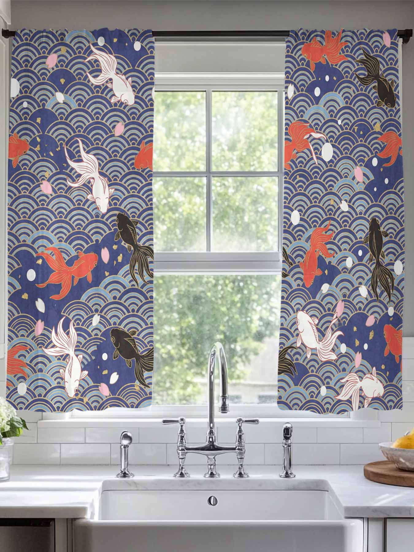 Black Red Pink Goldfish Chiffon Sheer Curtains 72 Inches Long Sea Waves ...