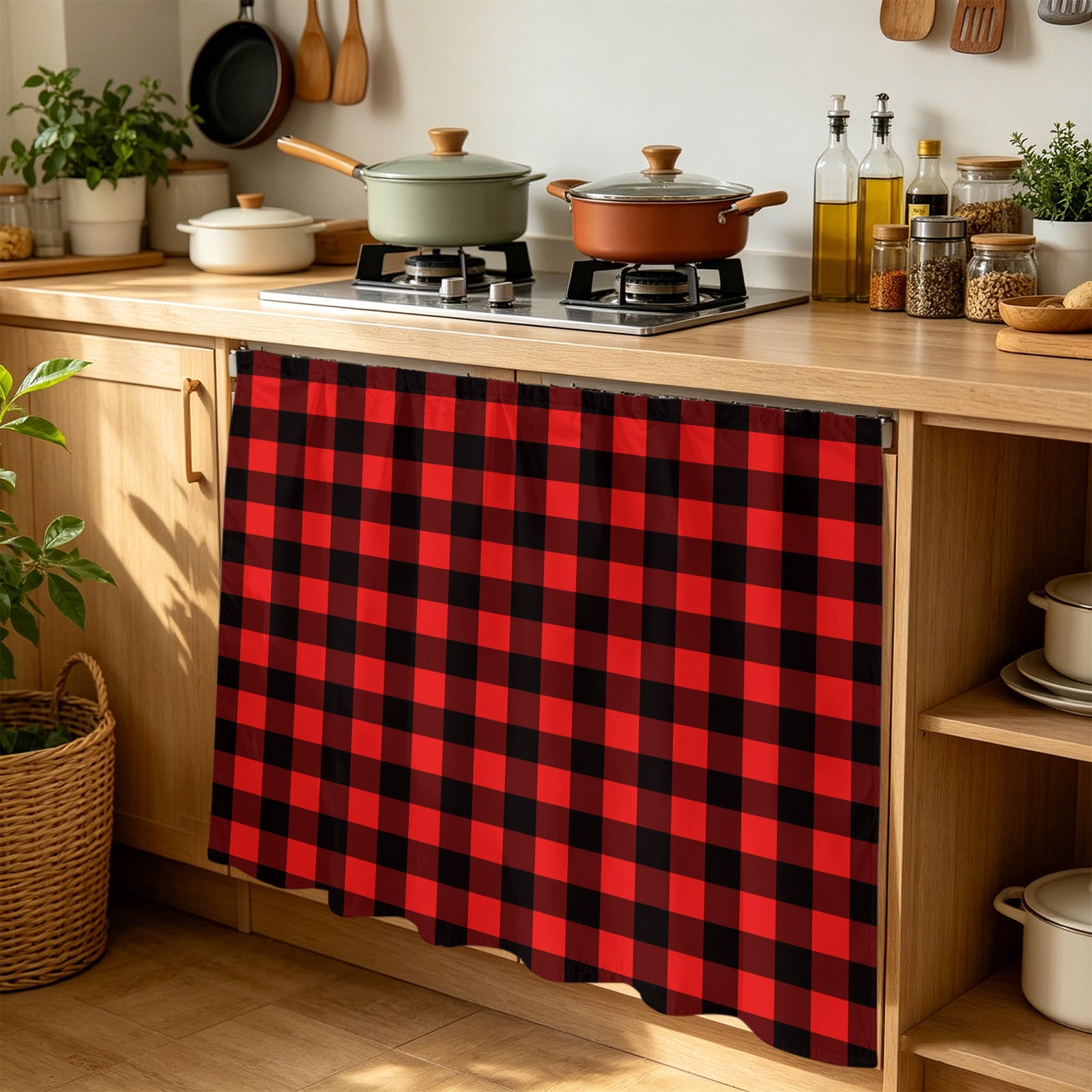 Black Red Plaid Cabinet Curtains 35''x35'', Vintage Rustic Buffalo ...