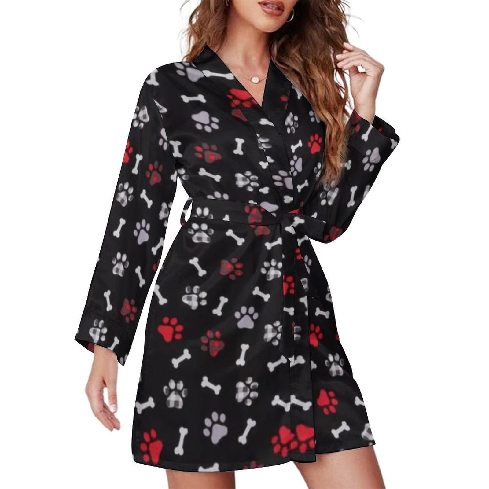 Black & Red Plaid Paw Prints Night Robe Long Sleeve V Neck Robe With ...