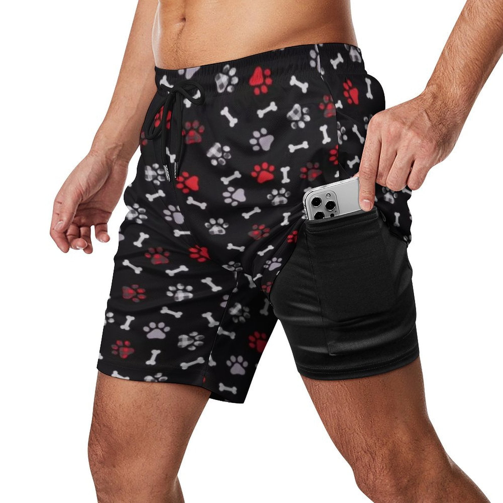 Black & Red Plaid Paw Prints Quick Dry Swimming Shorts For Men Swimwear ...
