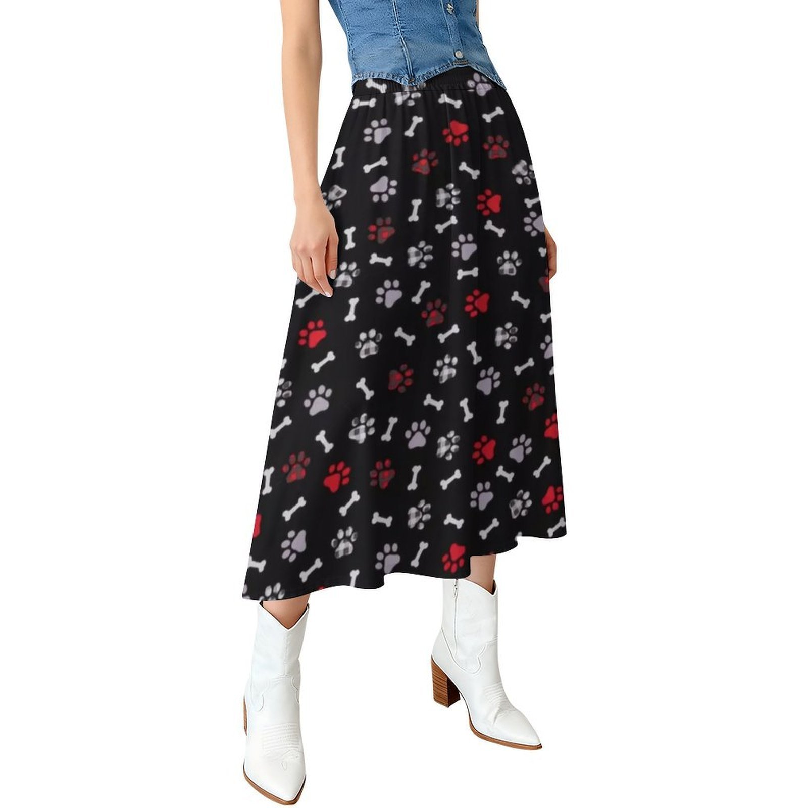 Black & Red Plaid Paw Prints Women High Waist Midi Skirt Elegant Midi ...