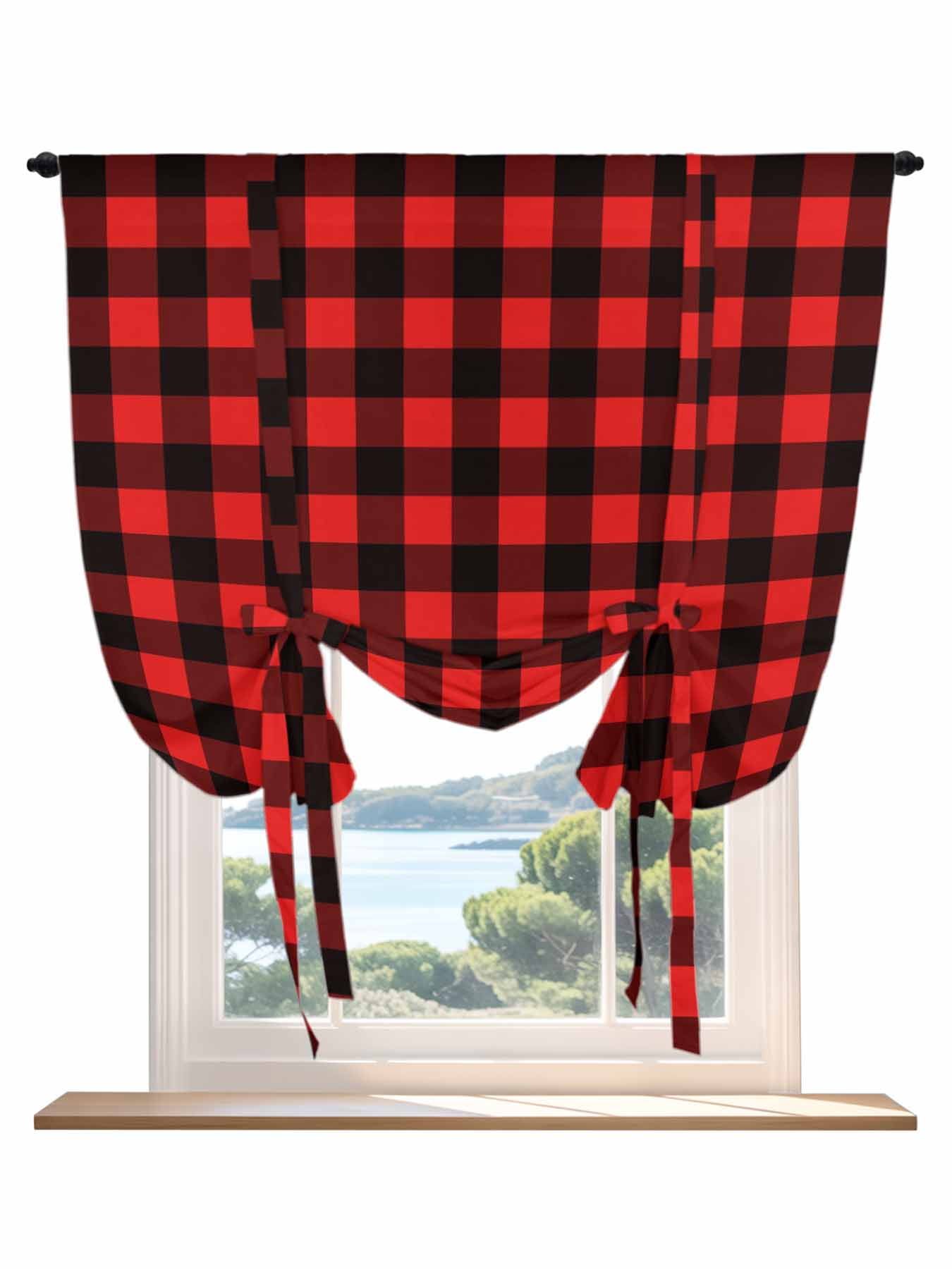 Black Red Plaid Tie Up Curtains for Windows 45 Inch Length Balloon ...