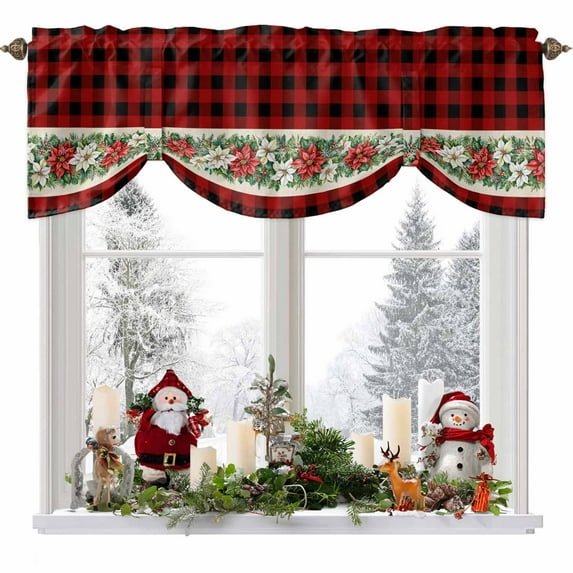 Black Red Plaid Tie Up Valances Curtain, Poinsettia Christmas Winter ...