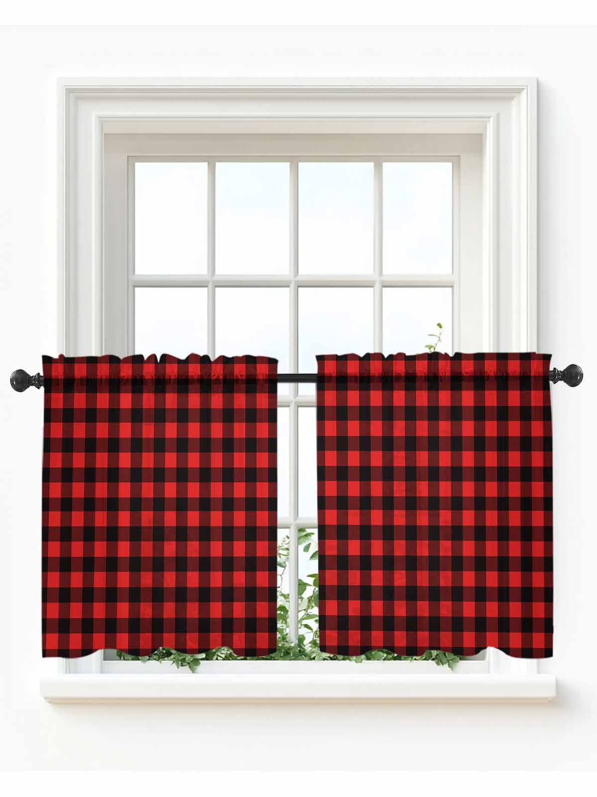 Black Red Plaid Tier Curtains 36 Inch Length,Sheer Curtains for Bedroom ...