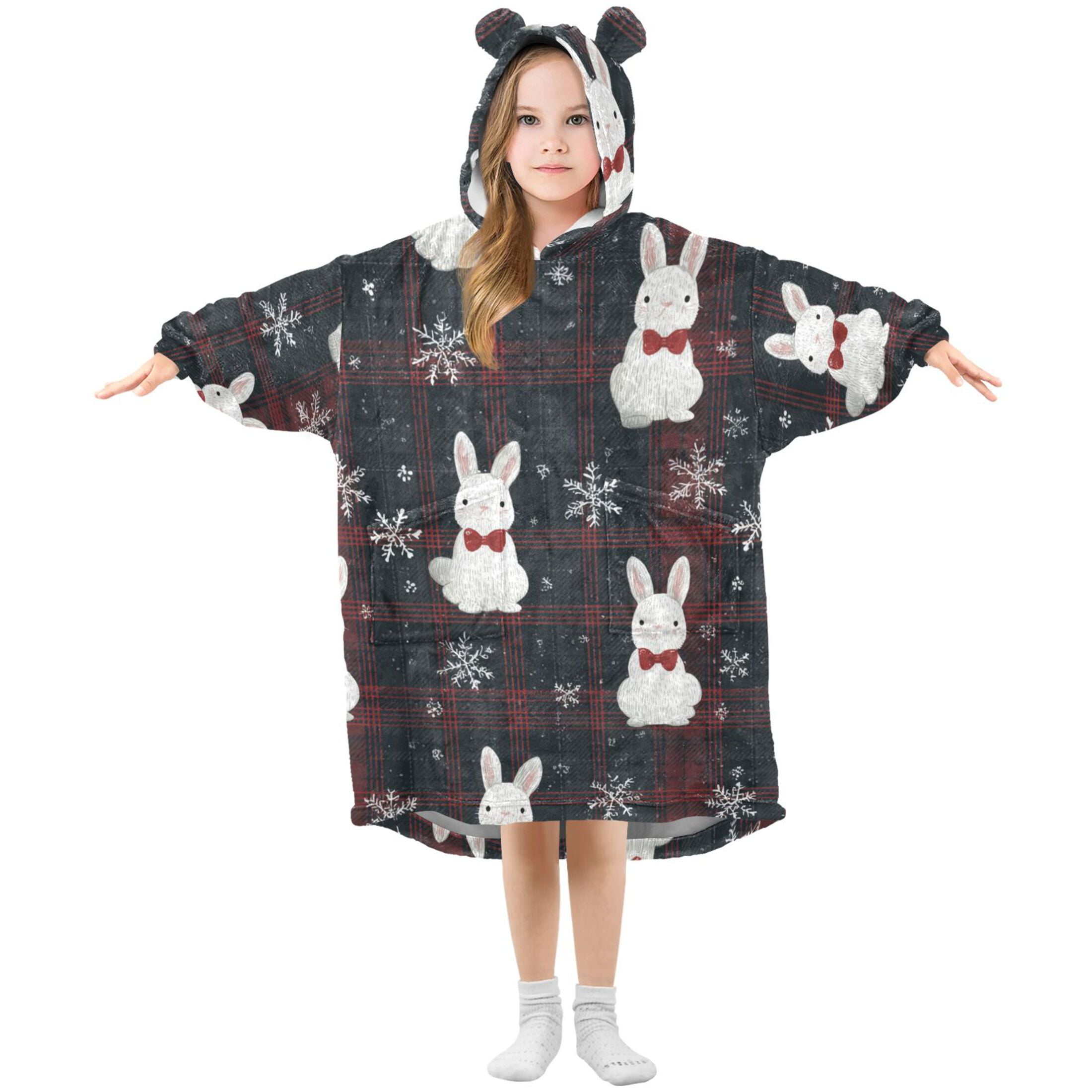 Black Red Plaids White Rabbits Christmas Flannel Wearable Blankets ...