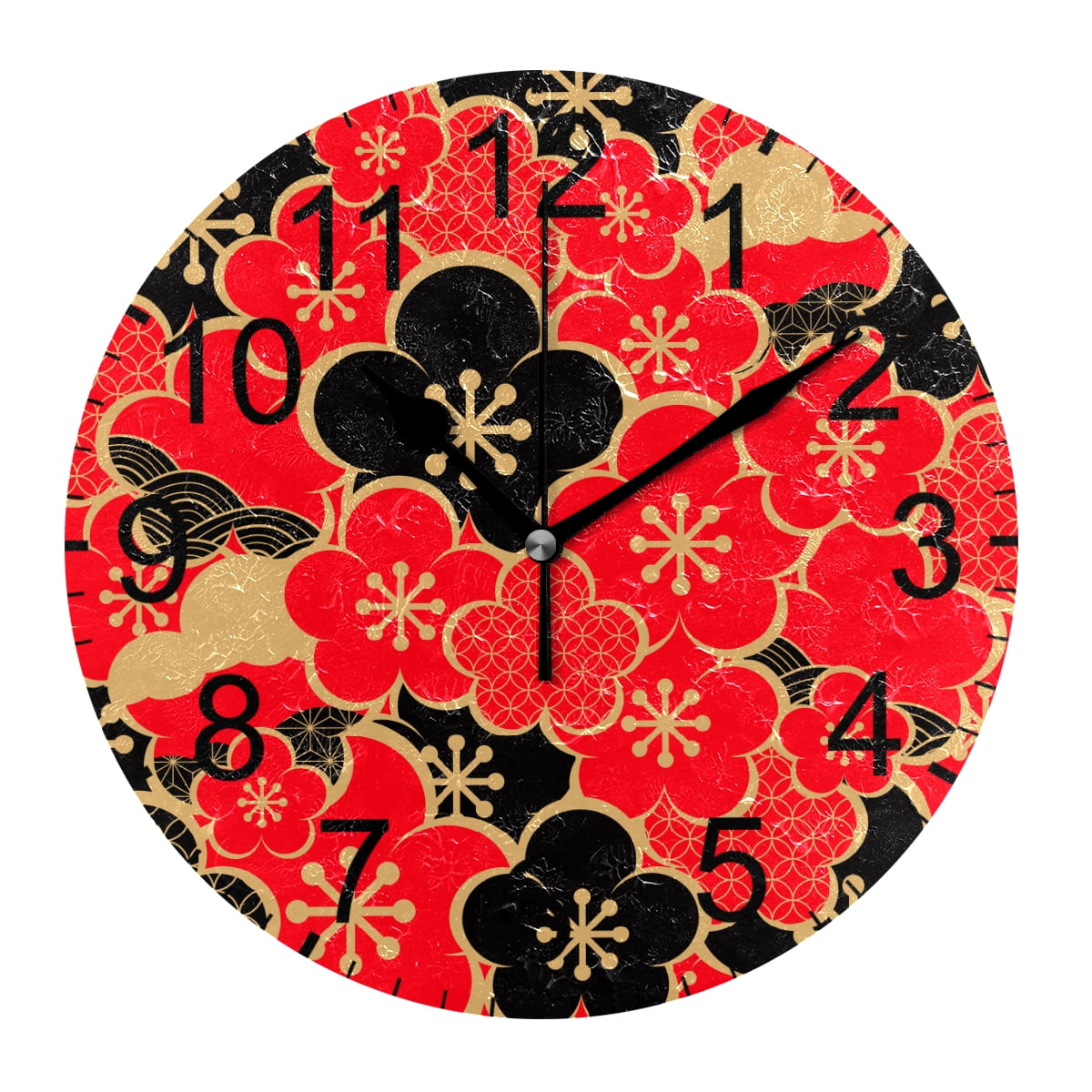 Black Red Plum Flower Round Acrylic Wall Clock Non Ticking Silent ...