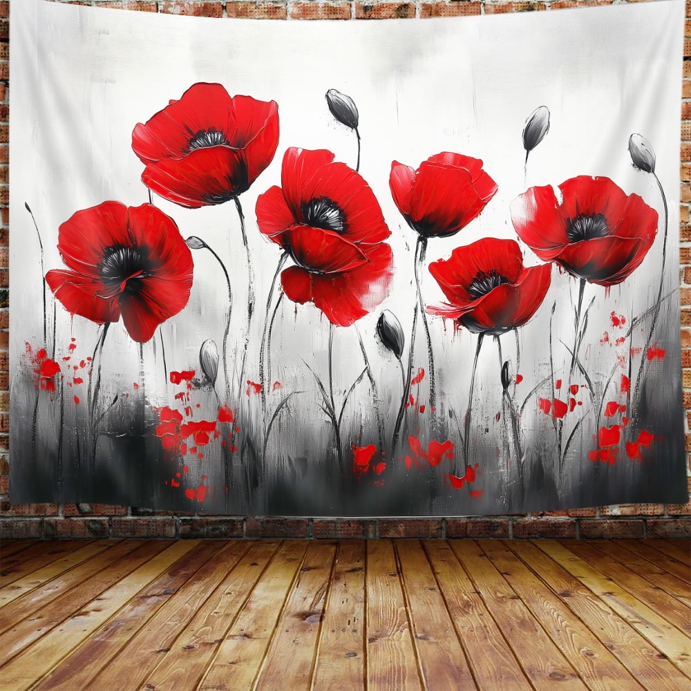Black and Red Poppy Flower Tapestry, Nature Floral Art Tapestry Wall ...