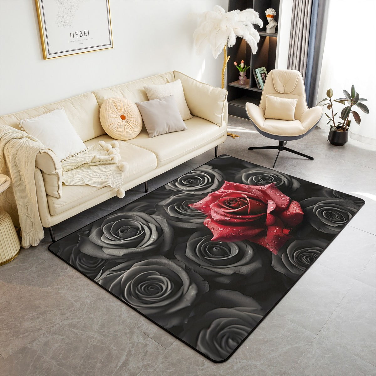 Black Red Rose Accent Rug Set Romantic Floral Area Rug 3x5,3D Roses ...