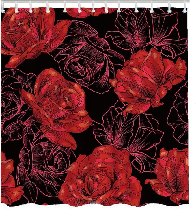 Black Red Roses Shower Curtain Beautiful Floral Blossom Waterproof ...