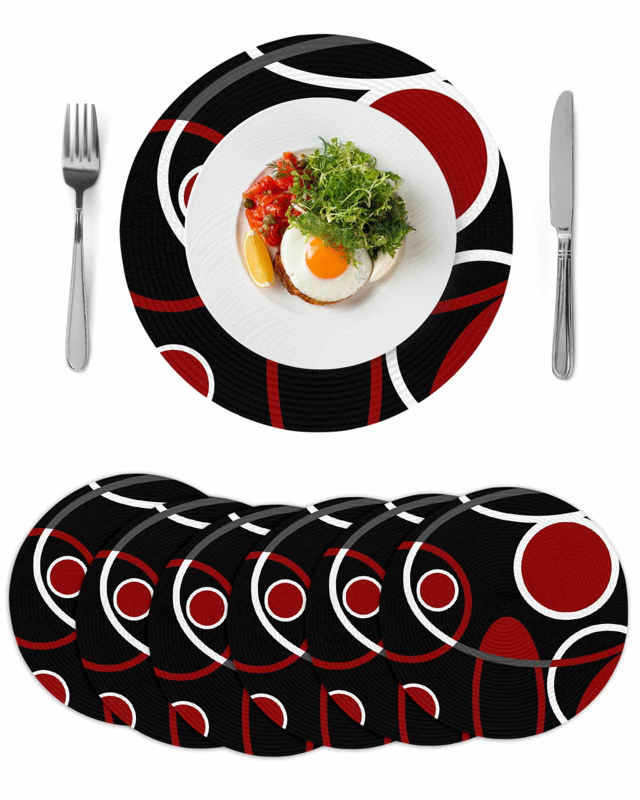 Black Red Round 15 Inch Placemats Set of 6, White Circle Geometric ...