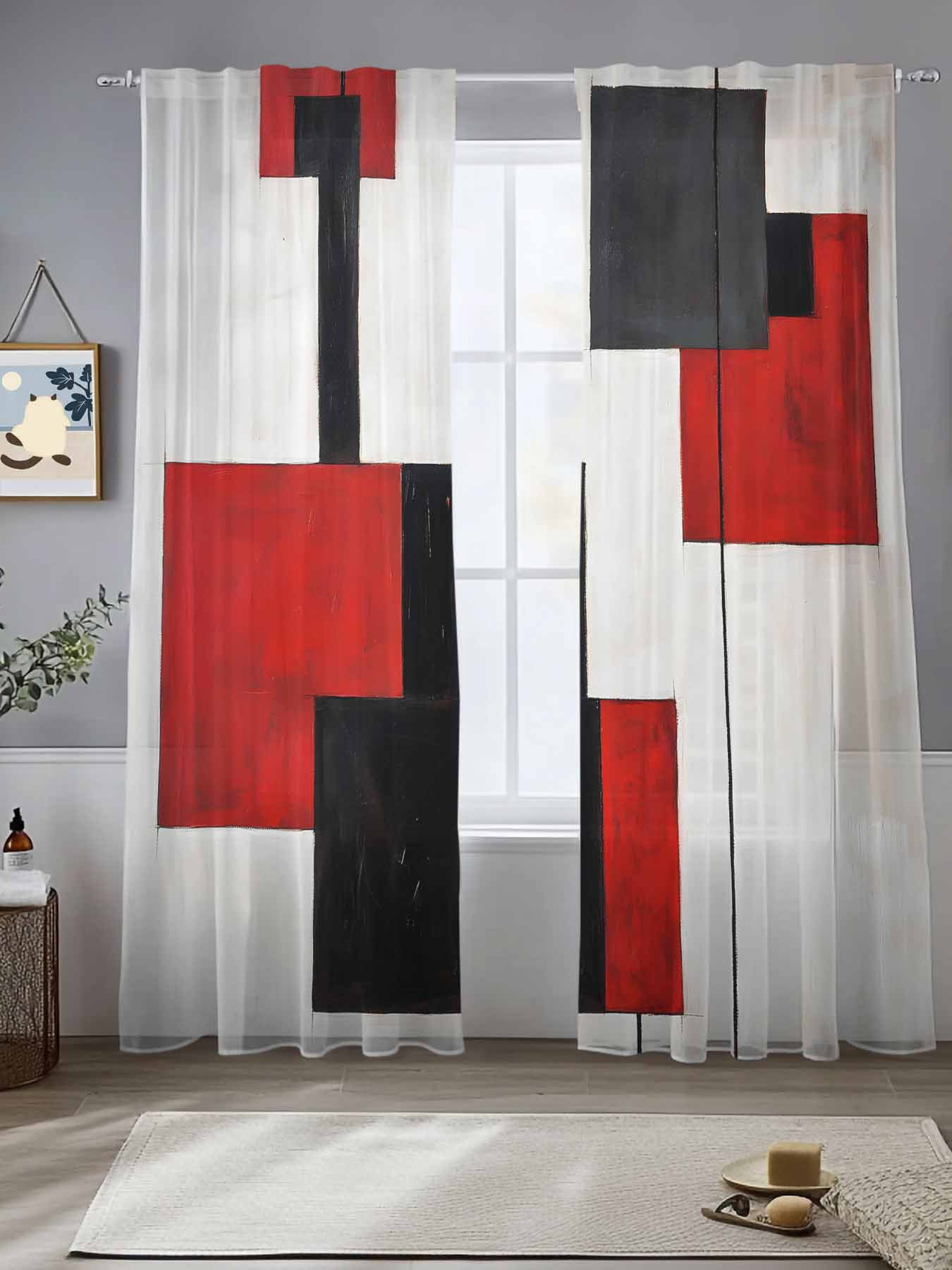 Black Red Sheer Curtains 108 Inches Long 2 Panels Color Block Stitching ...