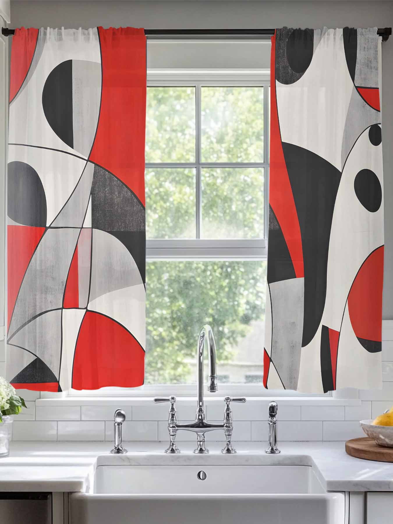 Black And Red Sheer Curtains 63 Inches Long 2 Panels Geometric Classic ...