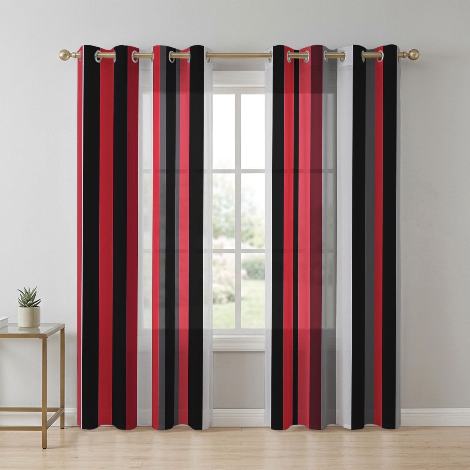 Black Red Sheer Curtains 72 Inch Long 2 Panels, Grey Stripe Abstract ...
