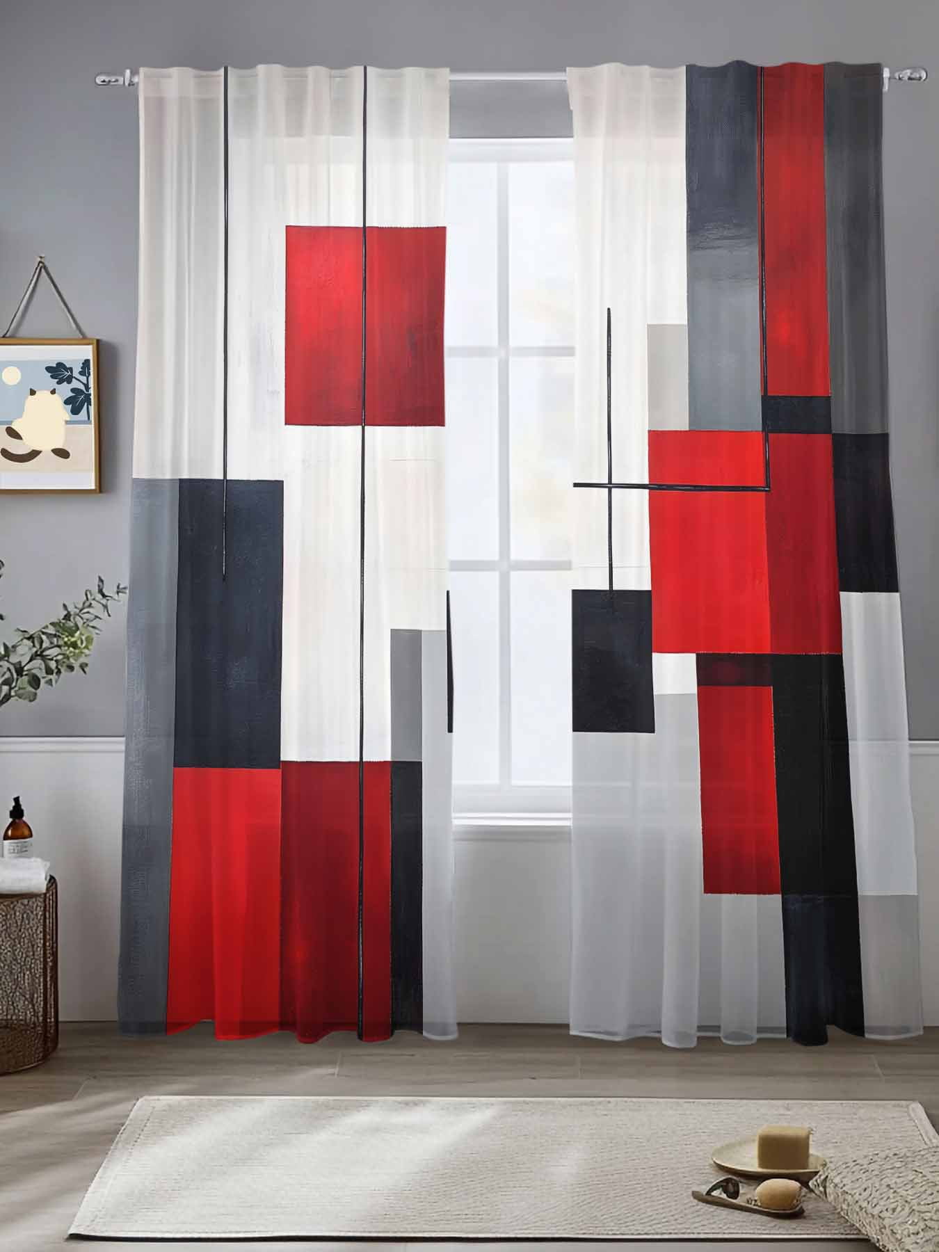 Black Red Sheer Curtains 84 Inches Long 2 Panels Color Block Stitching ...