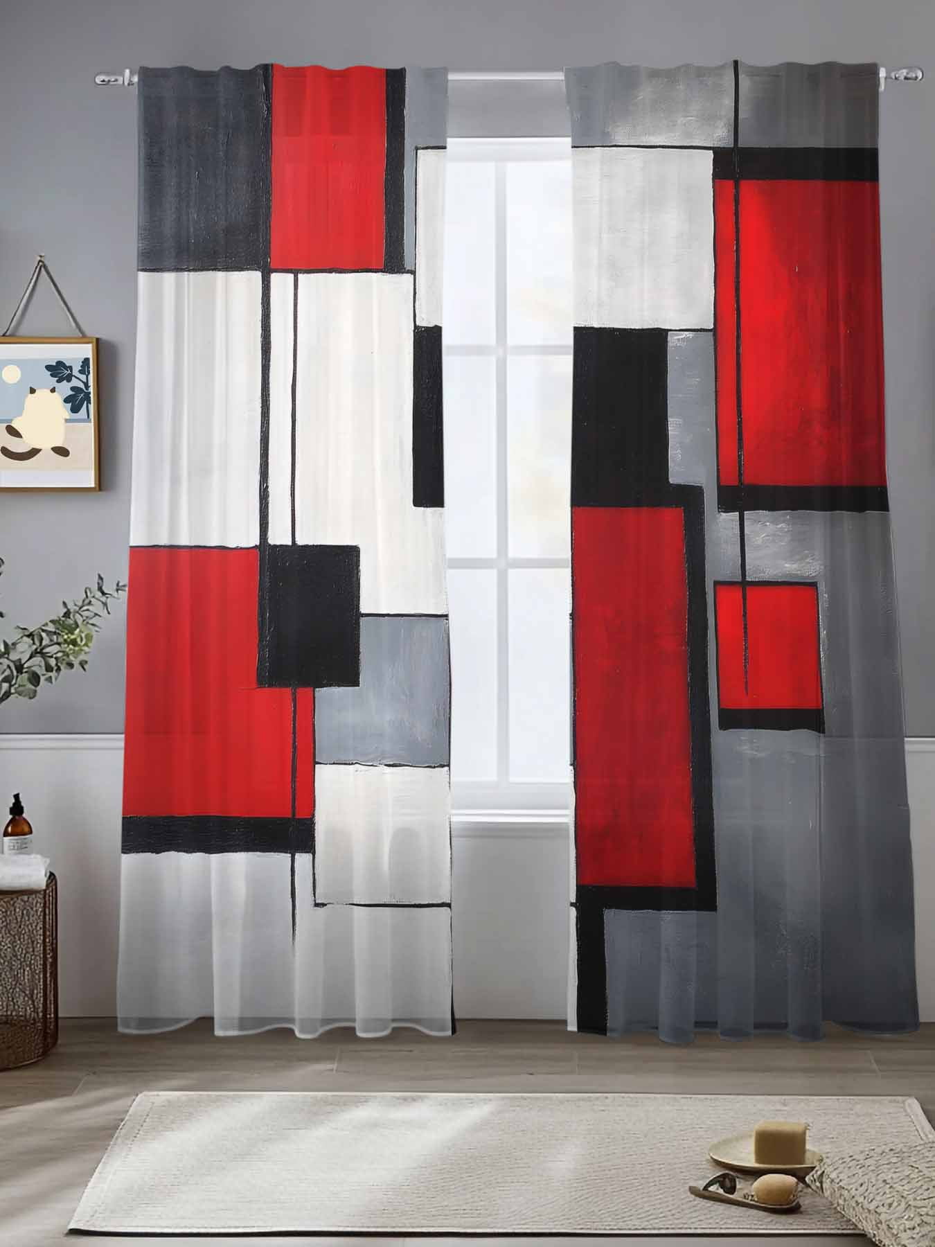 Black Red Sheer Curtains 84 Inches Long 2 Panels Color Block Stitching ...