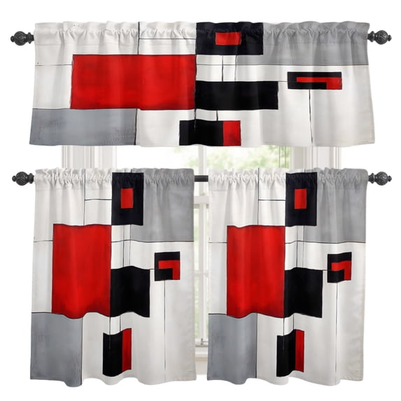 Black Red Square Kitchen Curtains Valance and Tier Set Geometric ...