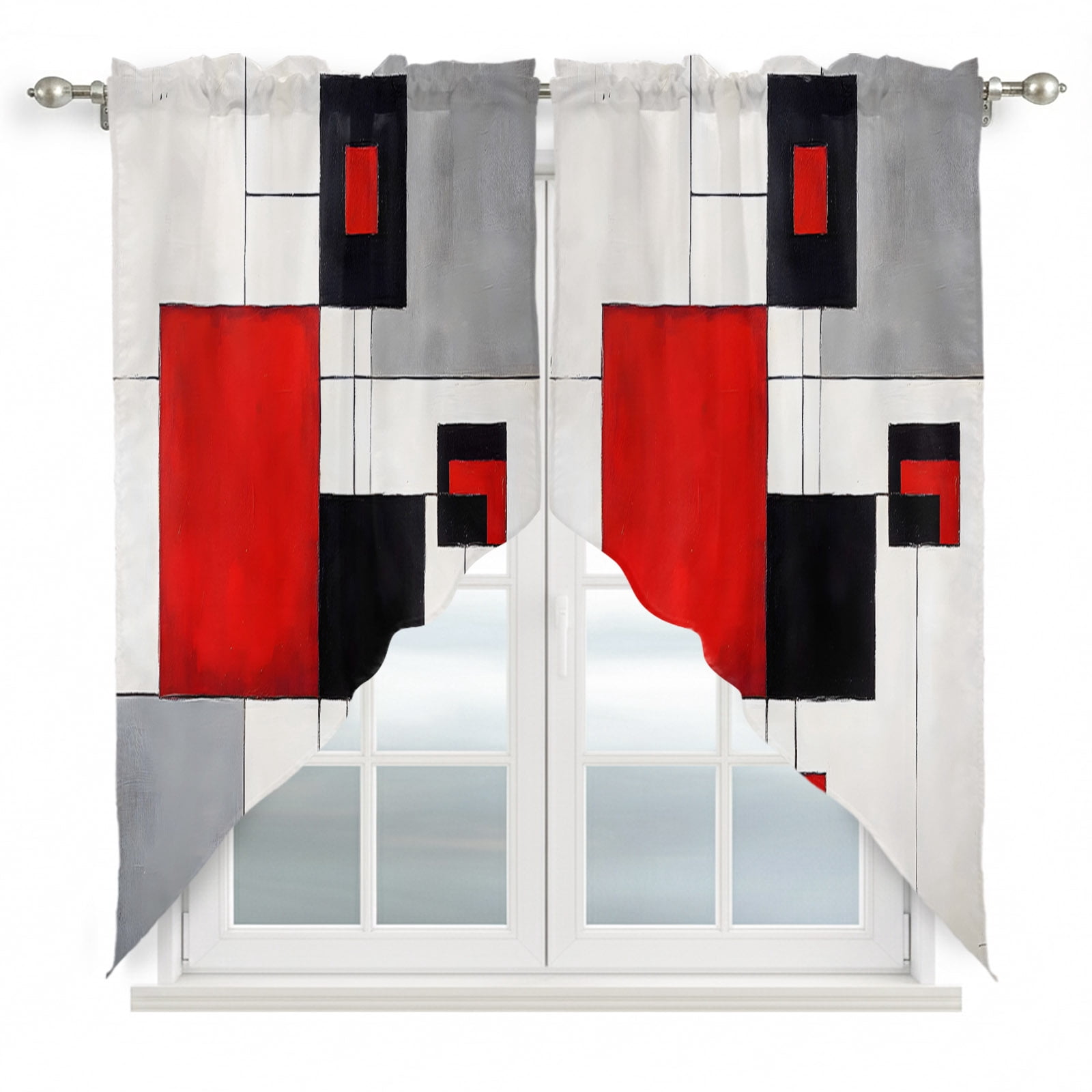 Black Red Square Swag Curtain Valance for Window 2 Panels Geometric ...