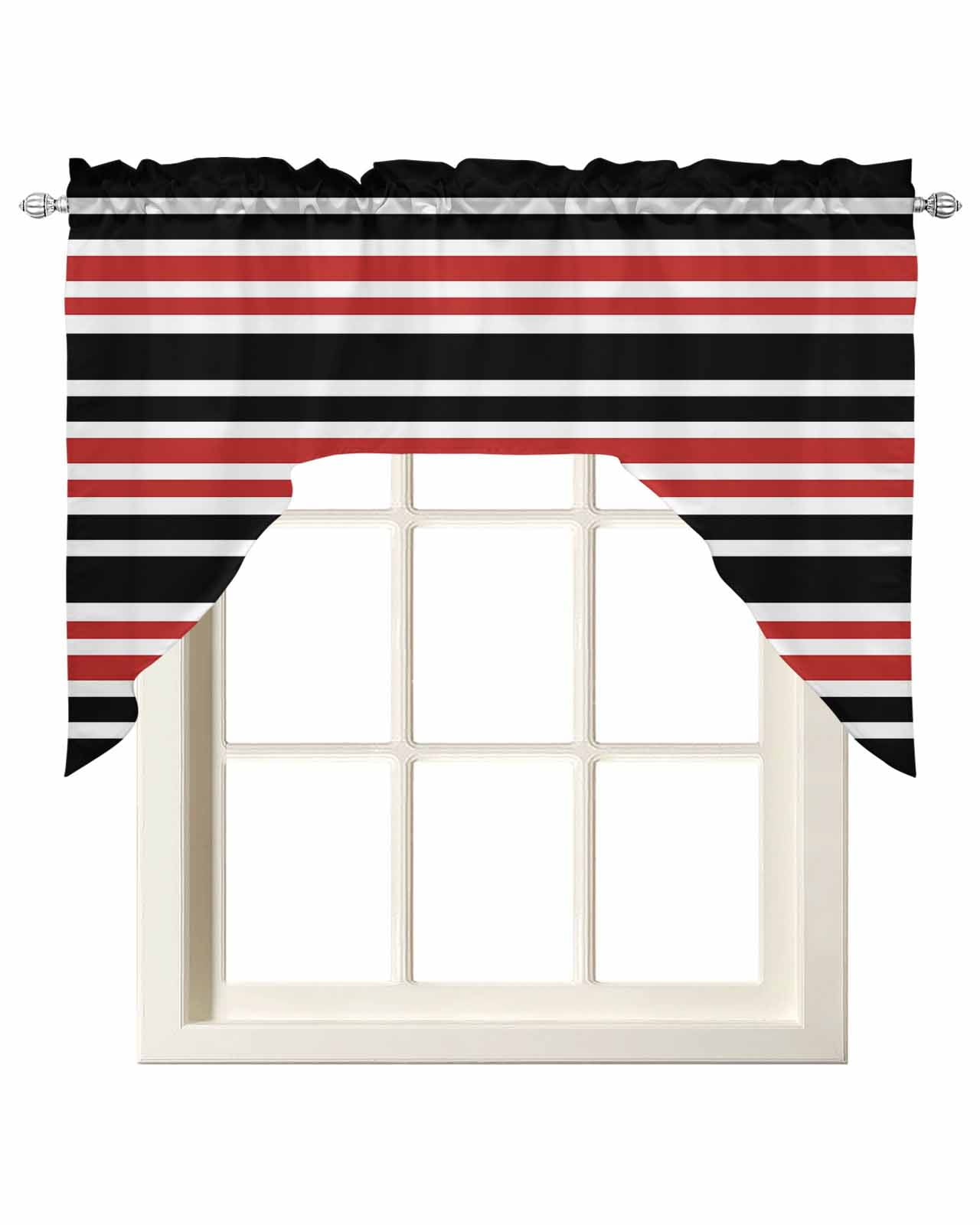 Black Red Striped Kitchen Swag Valances for Windows, Horizontal Lines ...