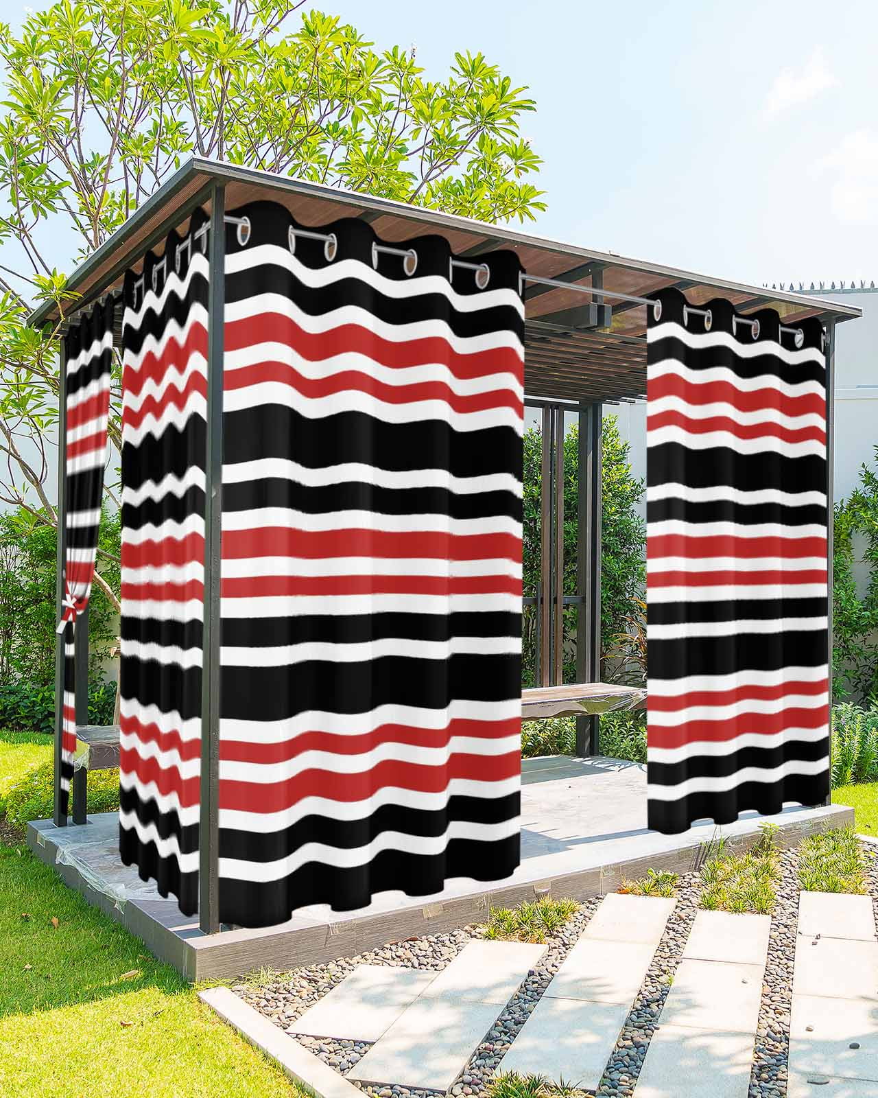 Black Red Striped Outdoor Curtains for Patio, Horizontal Lines Simple ...