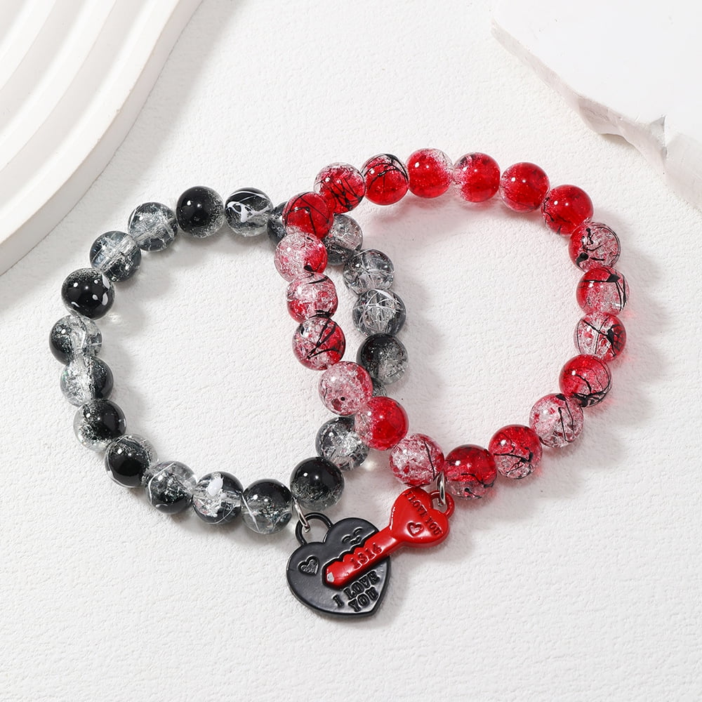Black Red Sun Heart Key Popcorn Beads Friendship Matching Bracelets for ...
