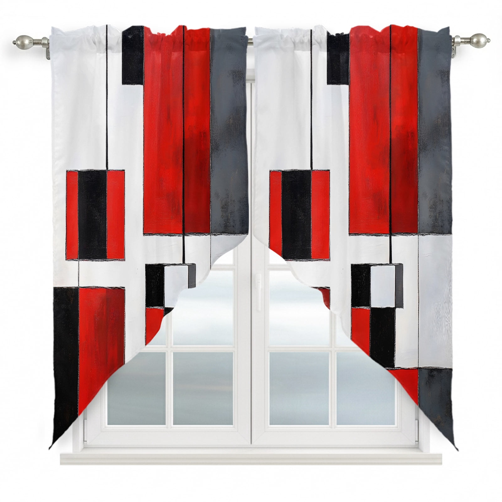 Black Red Swag Curtain Valance for Window 2 Panels Color Block ...