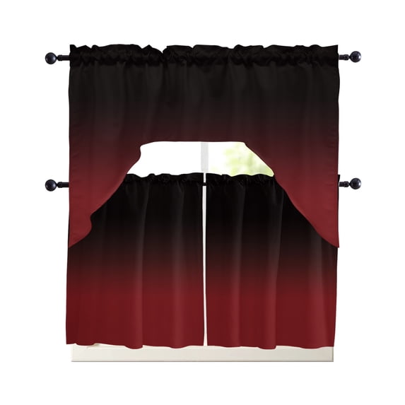 Black Red Swag Valance and Tier Curtains Set Gradient Kitchen Curtains ...