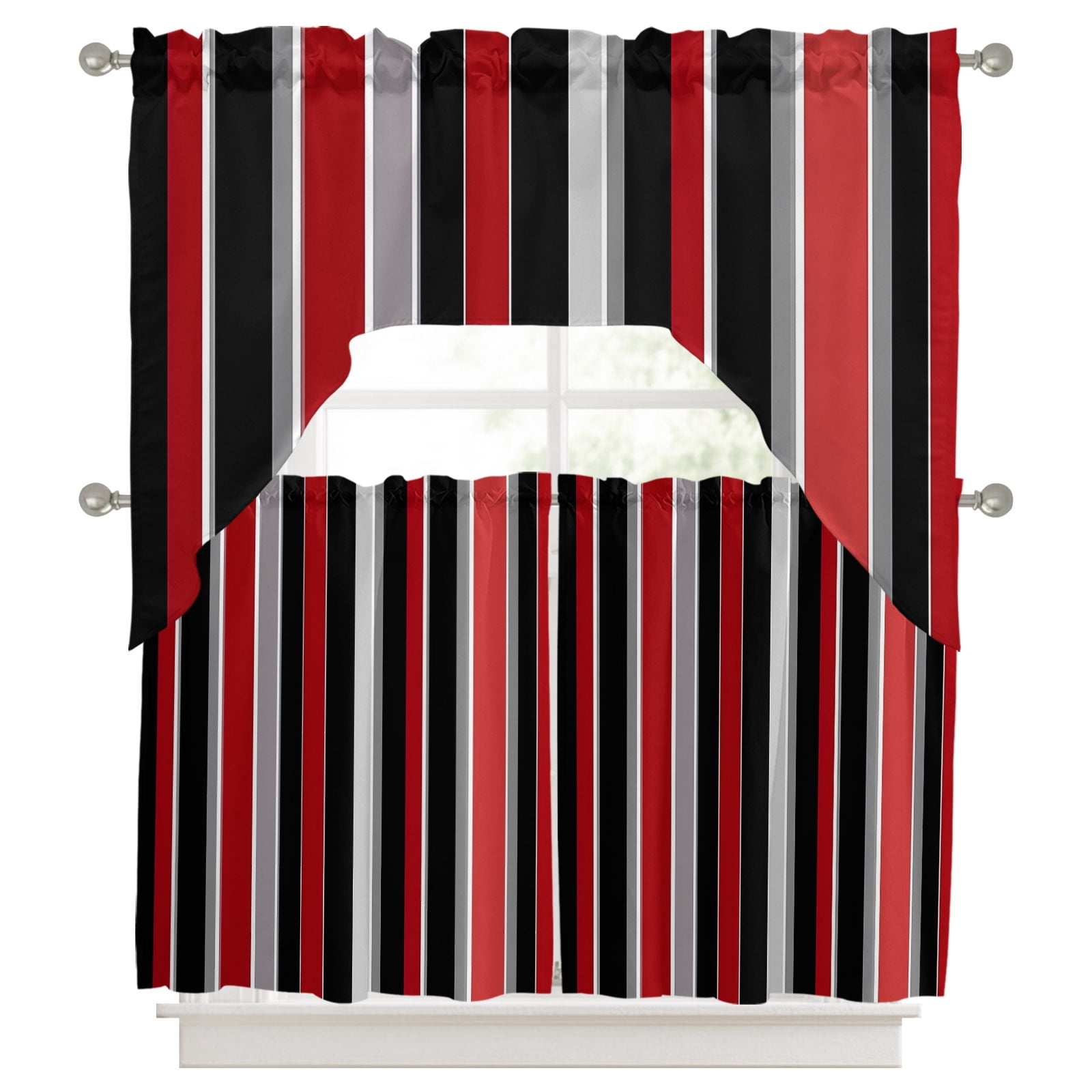 Black Red Swag Valance and Tier Set of 3, Grey Stripe Abstract ...