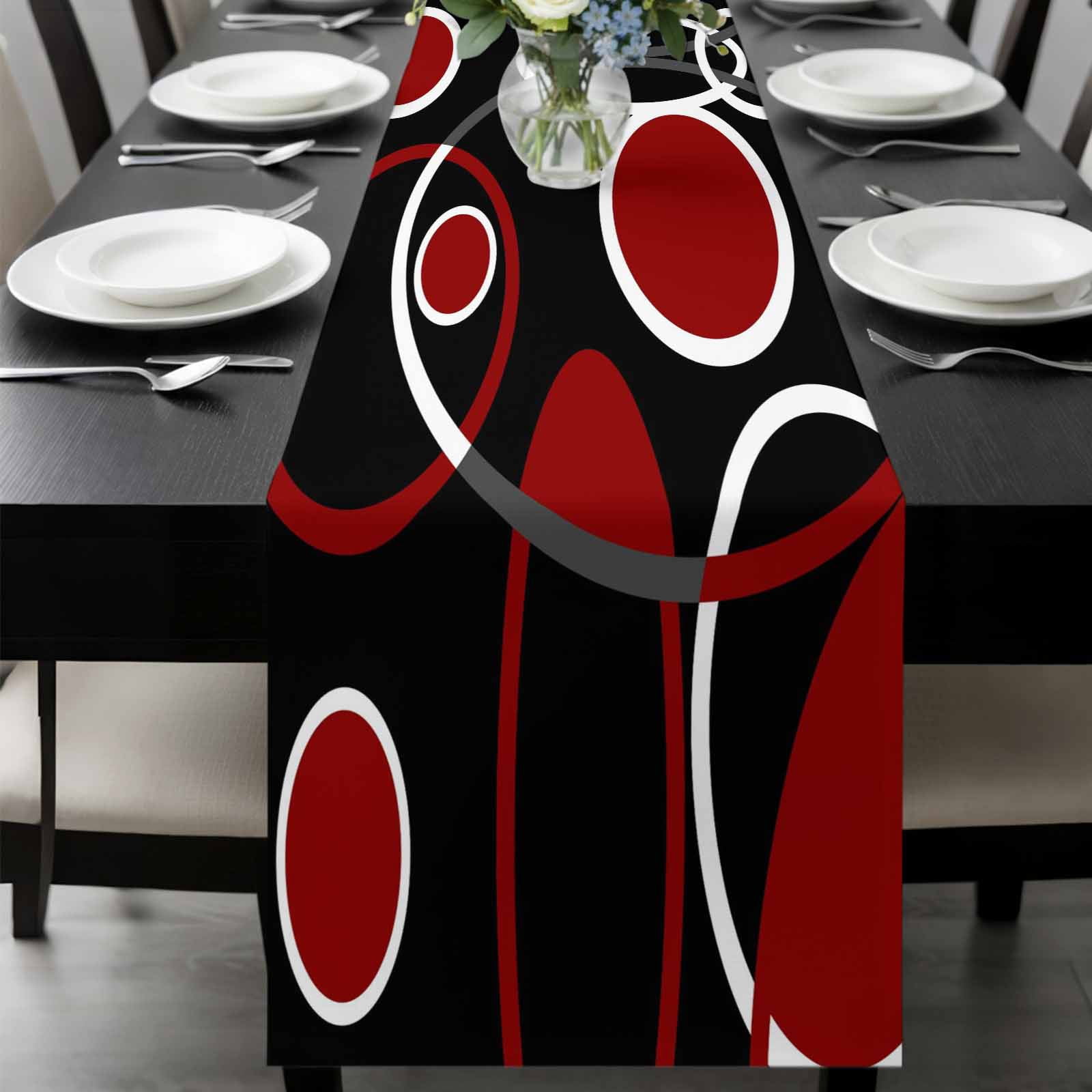 Black Red Table Runner 36 Inches Long, White Circle Geometric Abstract ...