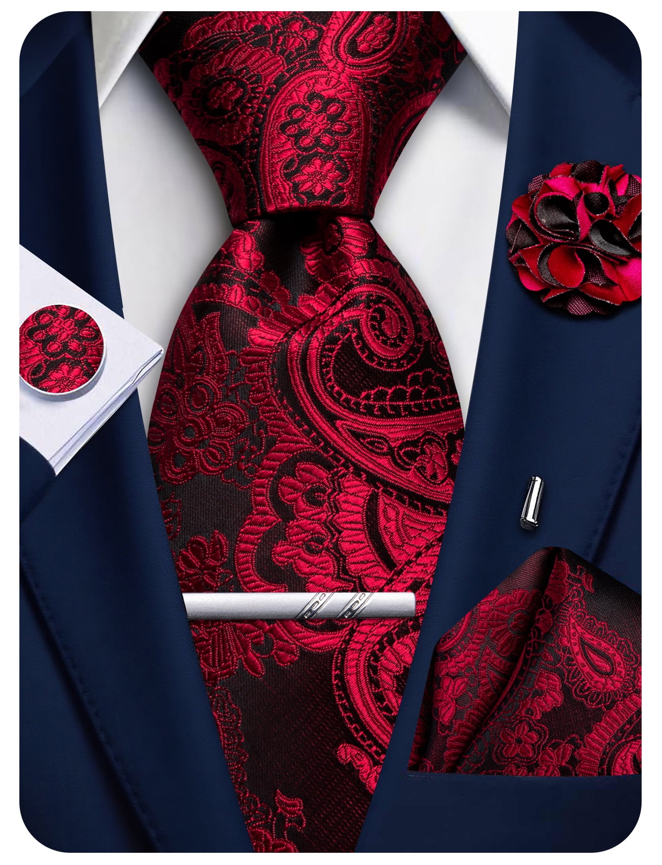 Black Red Ties for Men Paisley Silk Neck Tie and Pocket Square ...