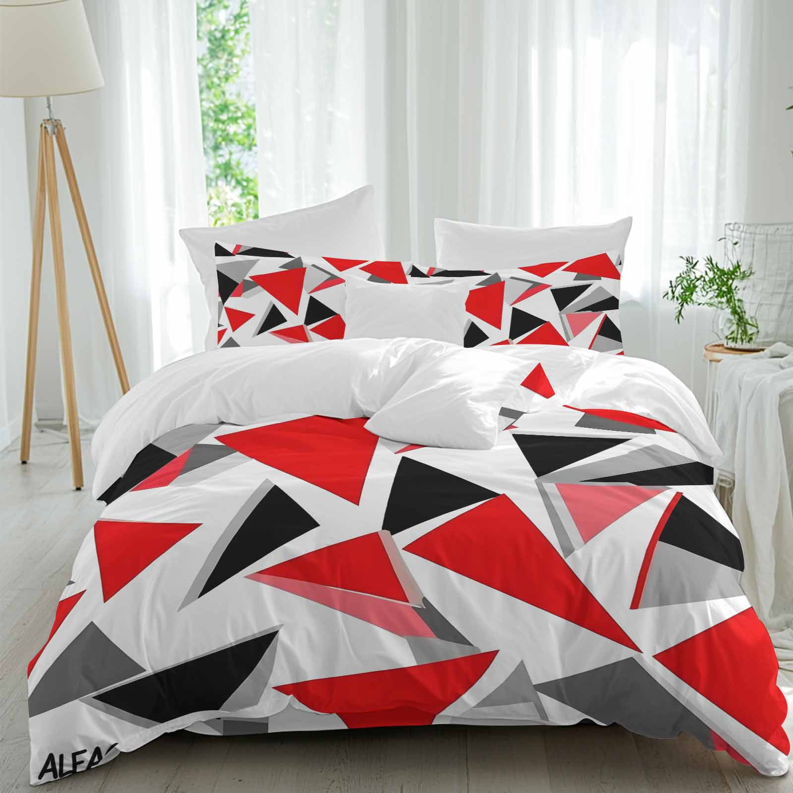 Black Red Triangle 4 Piece Duvet Cover Set Full Size Color Block ...