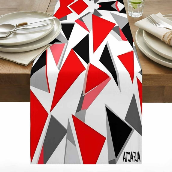 Black Red Triangle Table Runner 13x48 inch Color Block Stitching Cotton ...