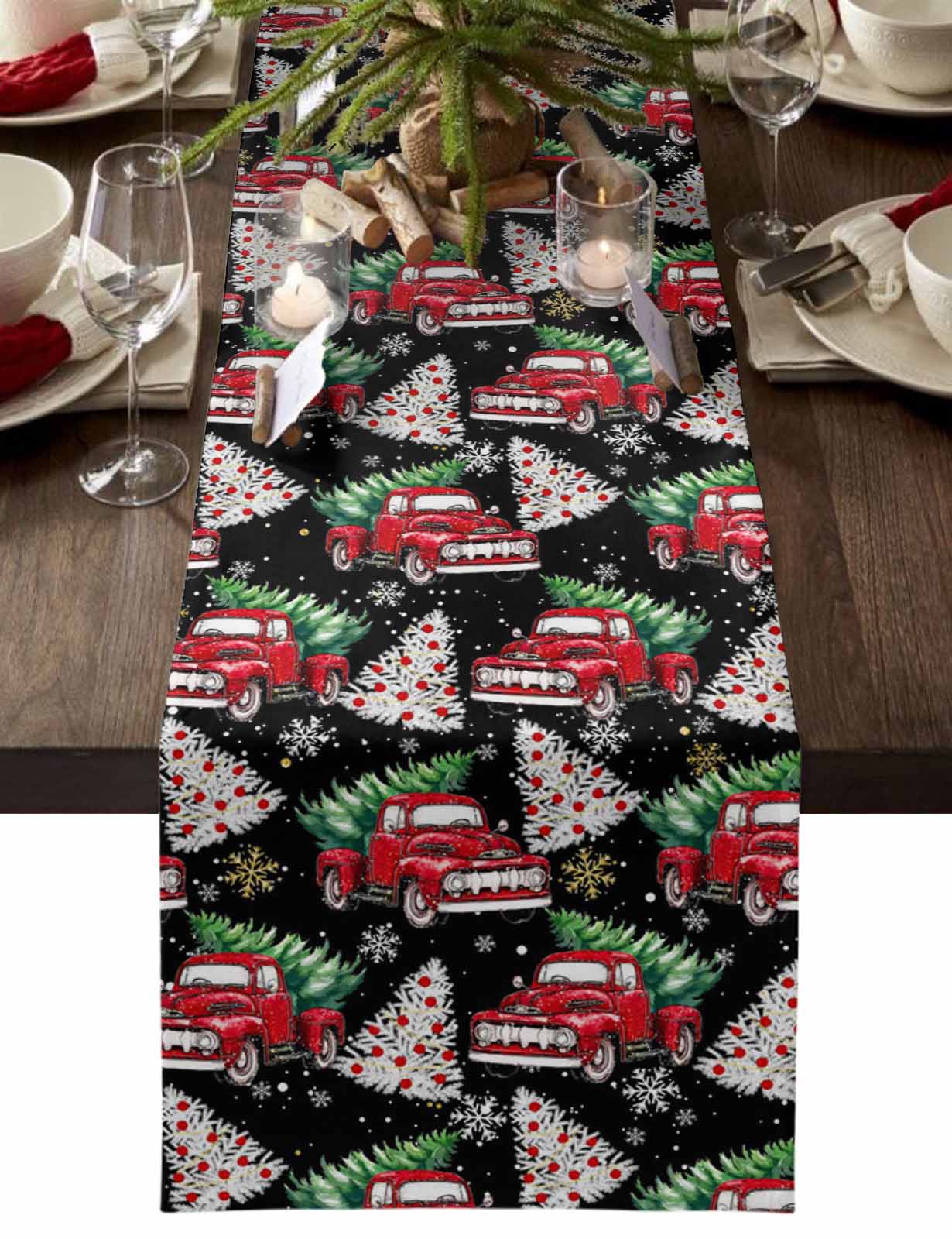 Black Red Truck Christmas Cotton Linen Table Runner for Dining Kitchen ...