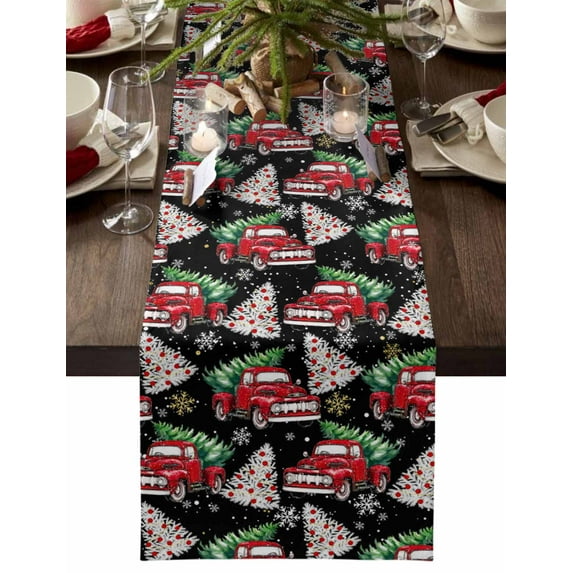 Black Red Truck Christmas Cotton Linen Table Runner for Dining Kitchen ...
